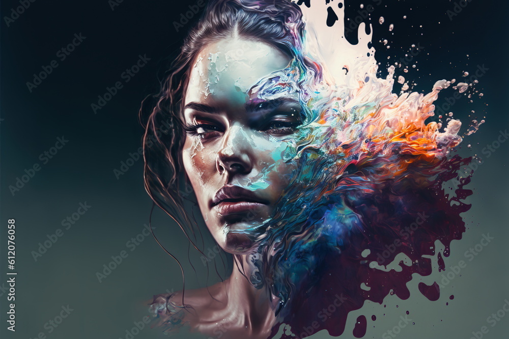 Wondrous illustration portrait woman with colorful iridescent exploding ...