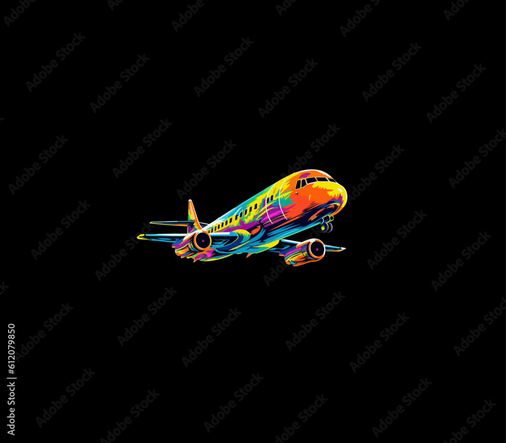 Cartoon airplane with multi-colored coloring on a black background ...
