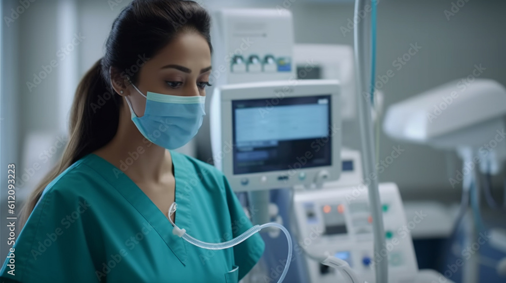 adult woman at a fictional machine in a hospital or doctor or surgeon ...