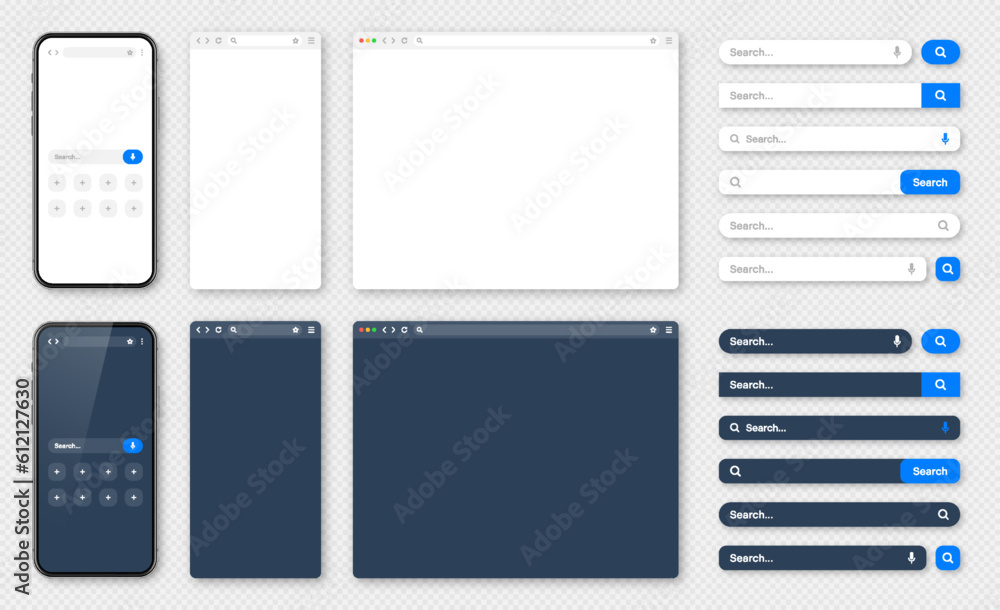 Smartphone, blank internet browser window with various search bars. Web ...