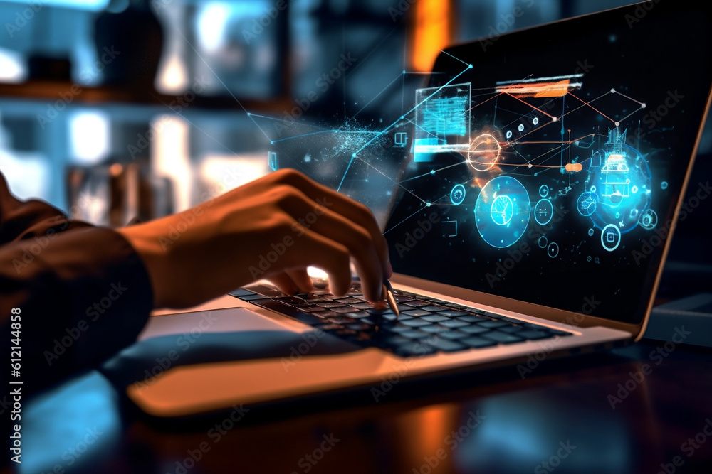 Laptops with holographic graphics representing business technology and ...