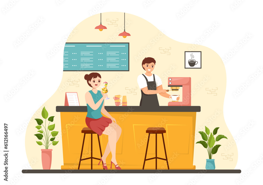 Cafe Vector Illustration of Interior with Bar stand, Table and ...