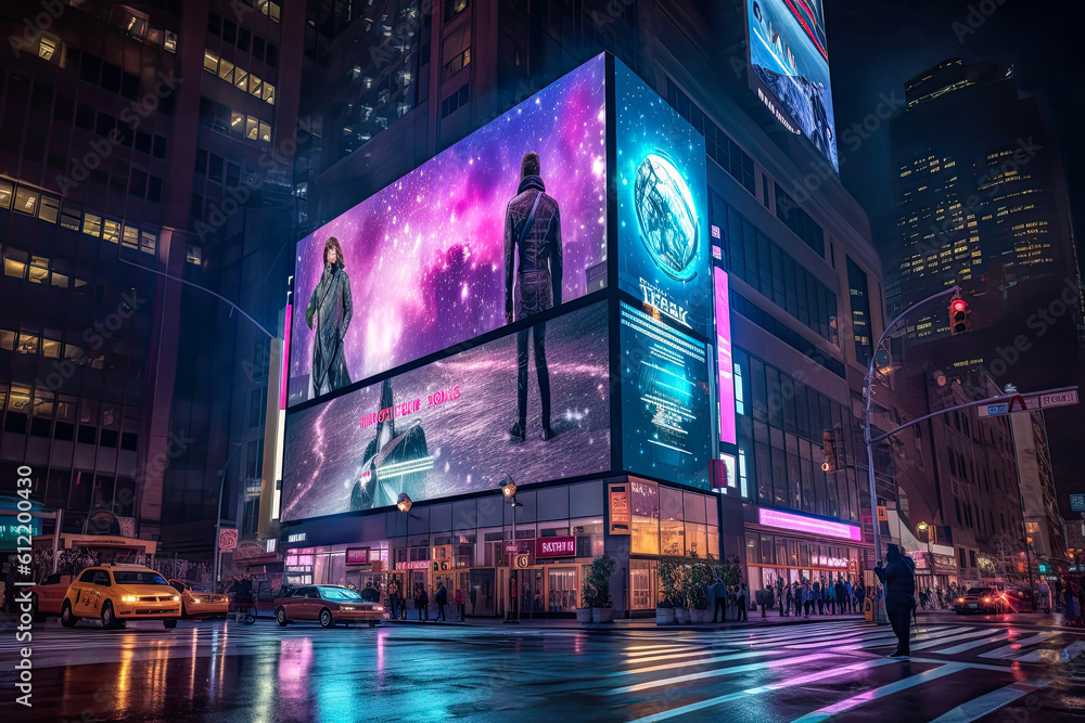 Billboards on a futuristic city scene at night. Concept art with a ...