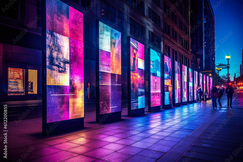 Billboards on a futuristic city scene at night. Concept art with a ...