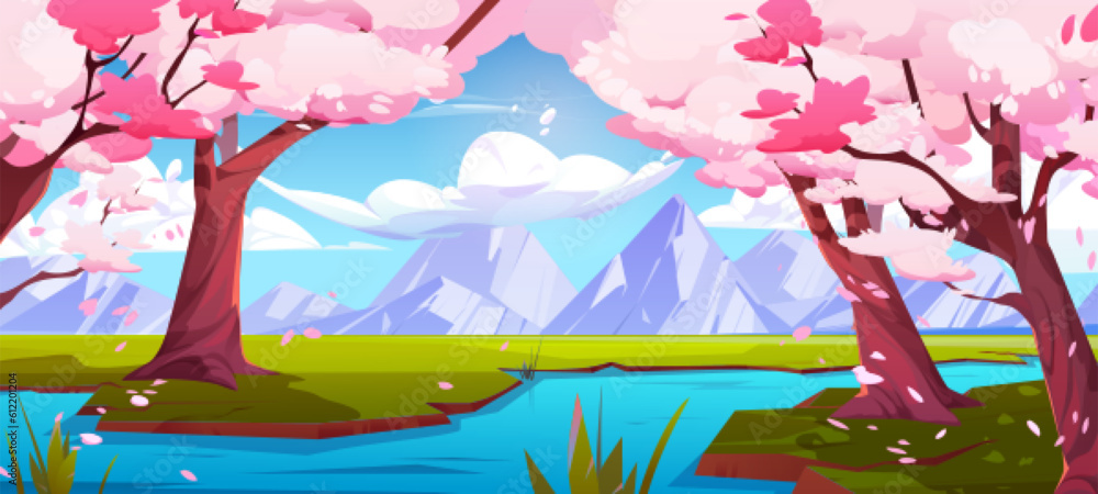 Riverside sakura garden on mountain background. Vector cartoon ...