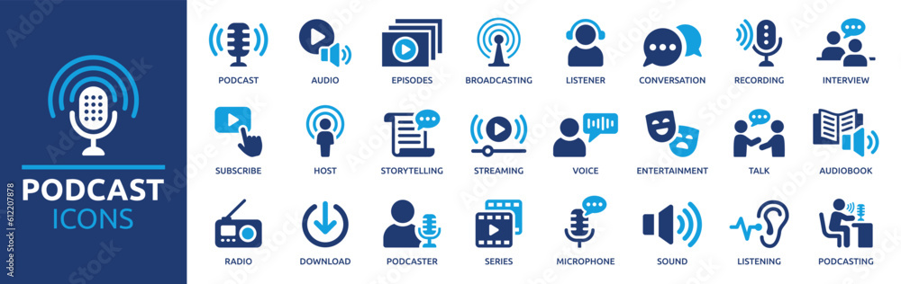 Podcast icon collection. Containing audio, microphone, record ...