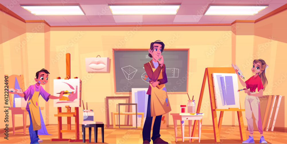 Art classroom workshop for paint in studio cartoon background. Craft ...