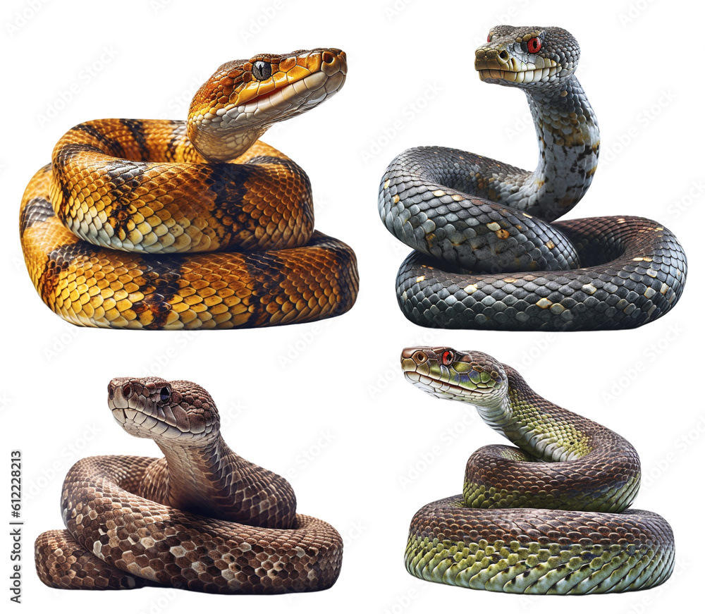 four different types of snakes in different colors, on a transparent ...