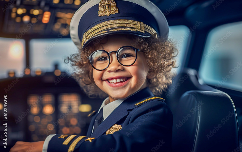 Happy and joyful looking kid dressed as an airplane pilot in the ...