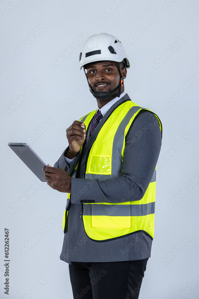 Architect designer employee man wear white hardhat. Portrait of ...