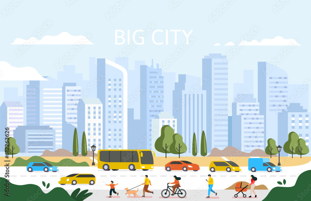 City Life with people. Urban infrastructure and transport traffic Stock ...