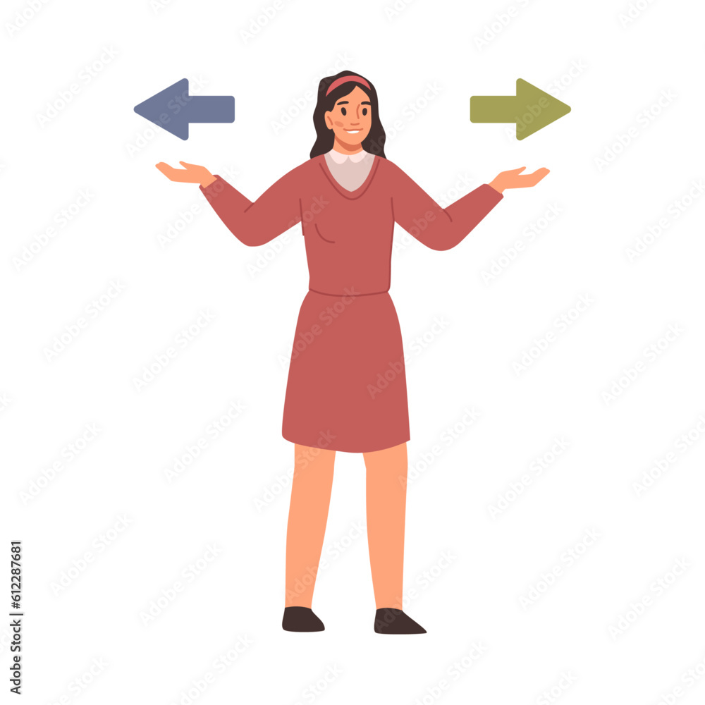 Confused woman makes a choice. Difficult choice between two options ...