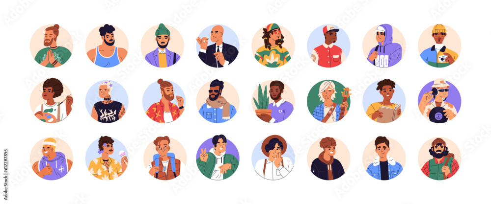 Modern men, circle avatars set. Male characters faces, head portraits ...