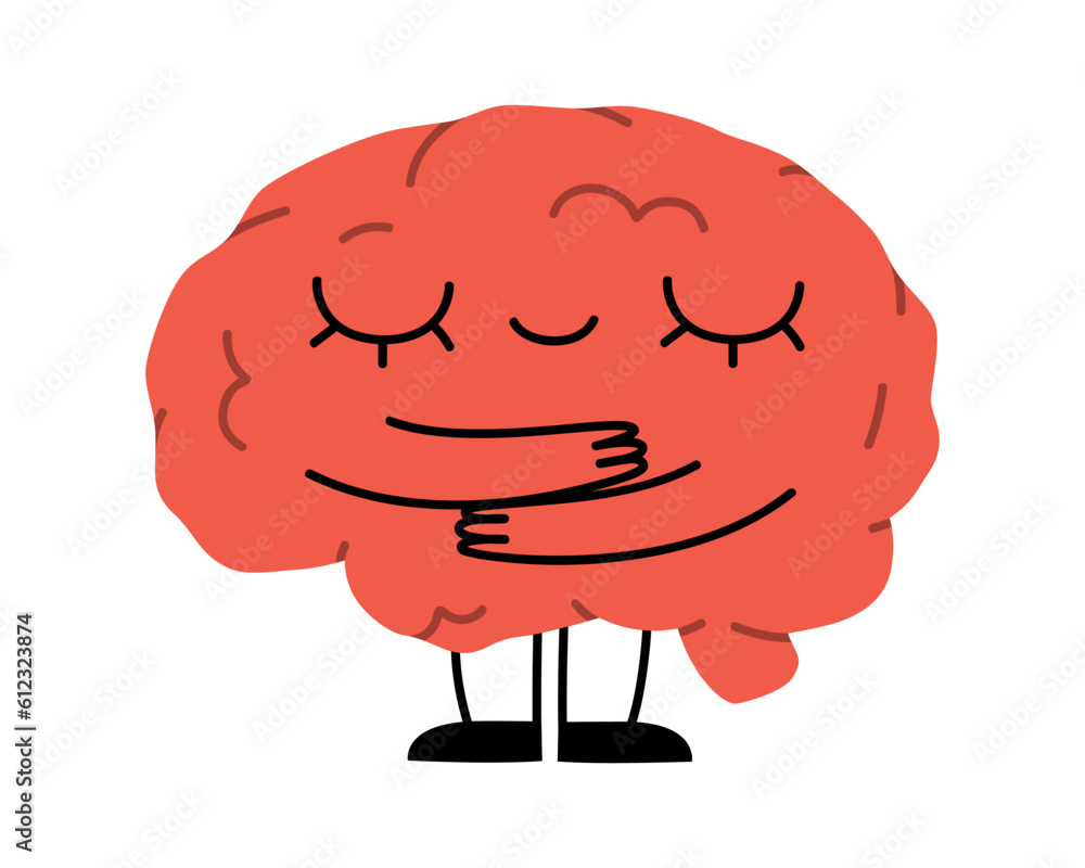 Hand drawn cute illustration of human brain hugs himself. Flat vector ...