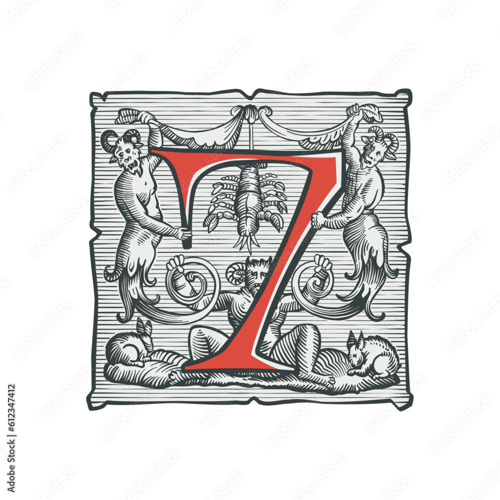 7 logo. Number seven medieval dropcap. Devil, witches and ghosts in ...