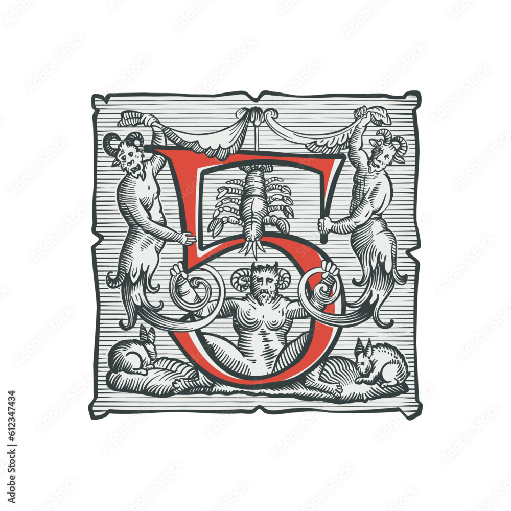 5 logo. Number five medieval dropcap. Devil, witches and ghosts in hell ...