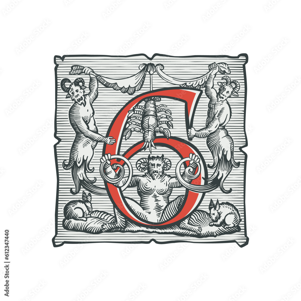 6 logo. Number six medieval dropcap. Devil, witches and ghosts in hell ...