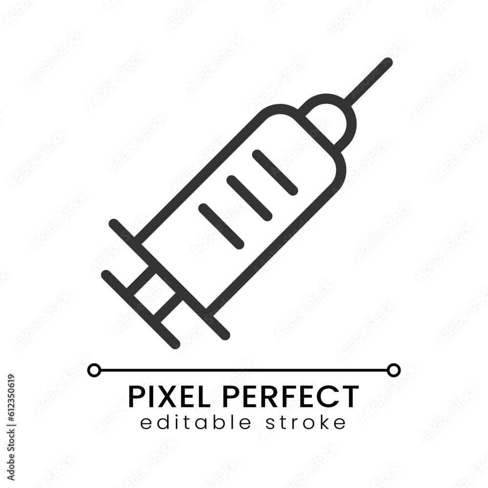 Vector de Stock Medical syringe pixel perfect linear icon. Vaccine. Medication dosage. Liquid ...