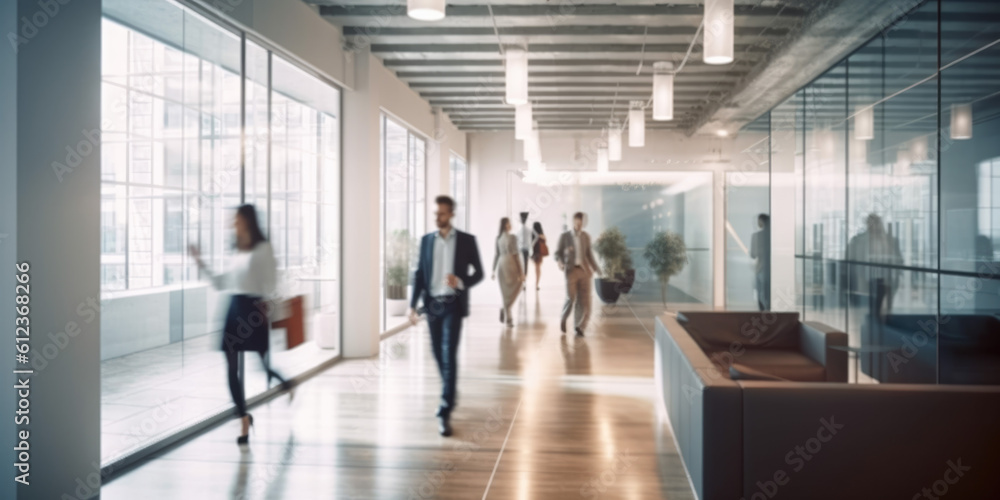 Modern office interior with busy business people walking around ...