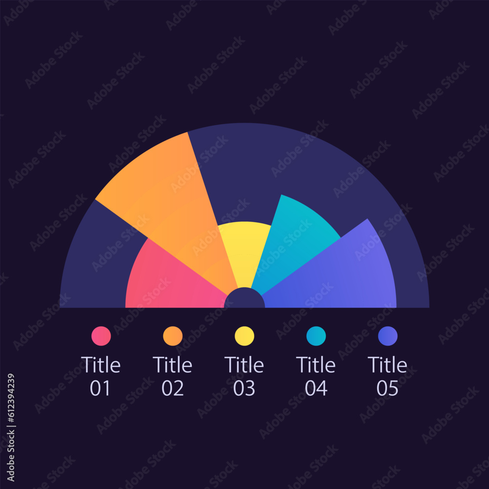 Semicircle infographic chart design template for dark theme. Five ...