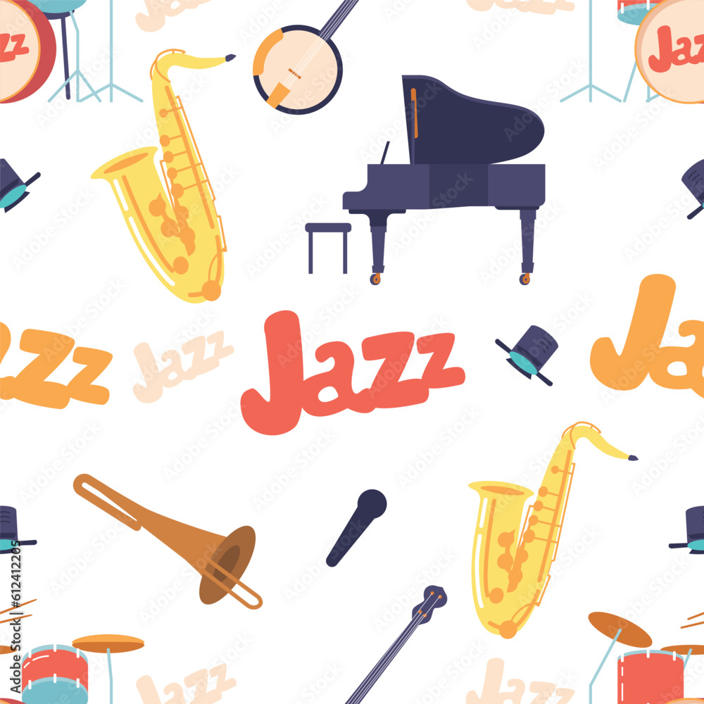 Seamless Pattern With Various Jazz Instruments, Piano, Saxophone ...