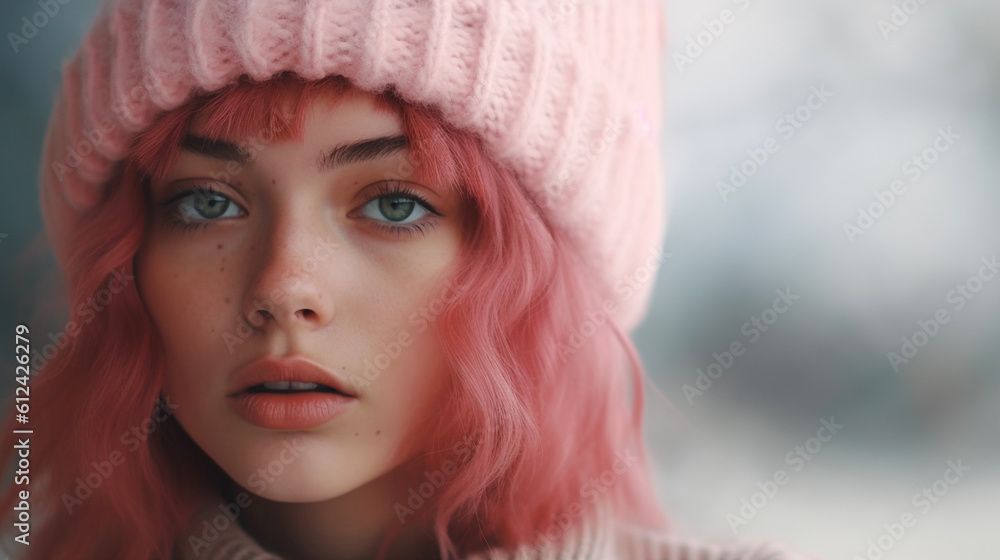 A portrait of a teenage girl with pink hair. Sad, depressed Gen Z girl ...
