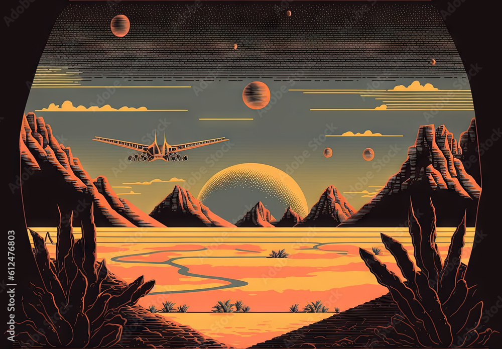 Retro styled sci-fi landscape with mountains. Retro futuristic science ...
