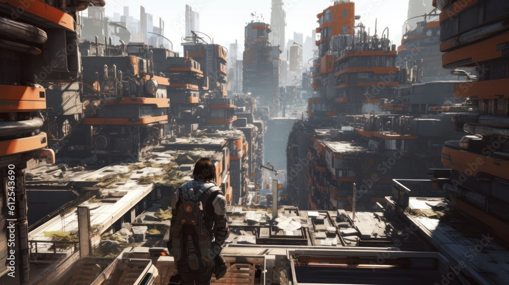 Rooftops of a sprawling cyberpunk city, showcasing characters leaping ...