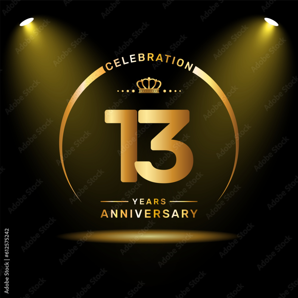 13th year anniversary celebration logo design with gold color number ...