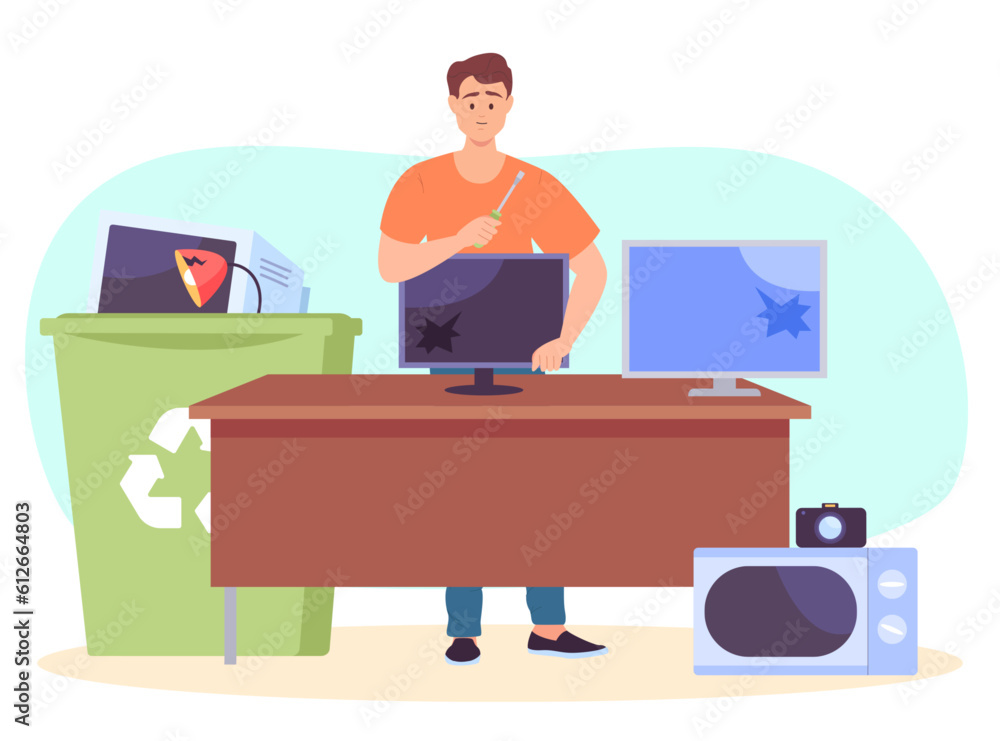 Man fixing broken computer vector illustration. Government programme ...
