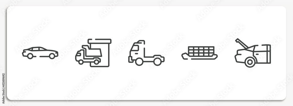 car engine outline icons set. thin line icons sheet included car side ...