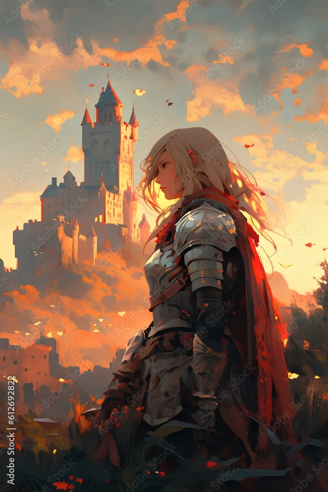 Medieval female knight in shiny armor, castle ruin in background ...