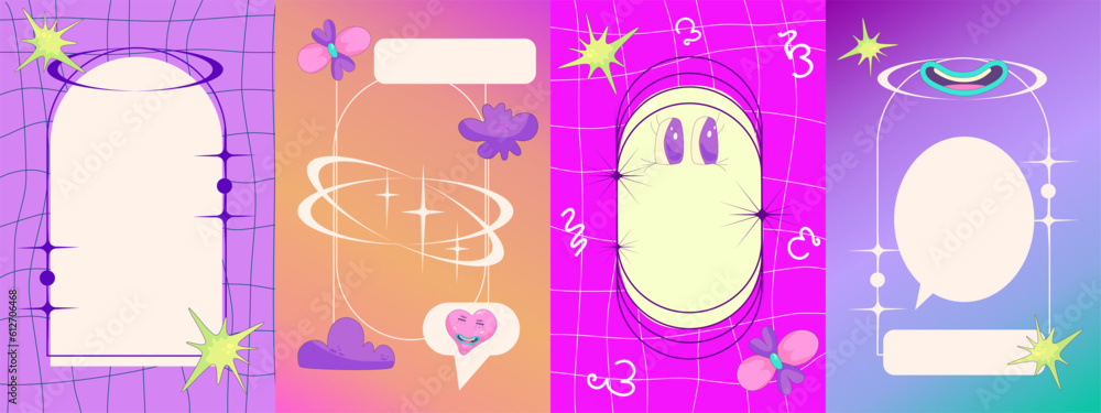 Y2k Poster set template. Retro aesthetic 90s with trippy sticker and ...