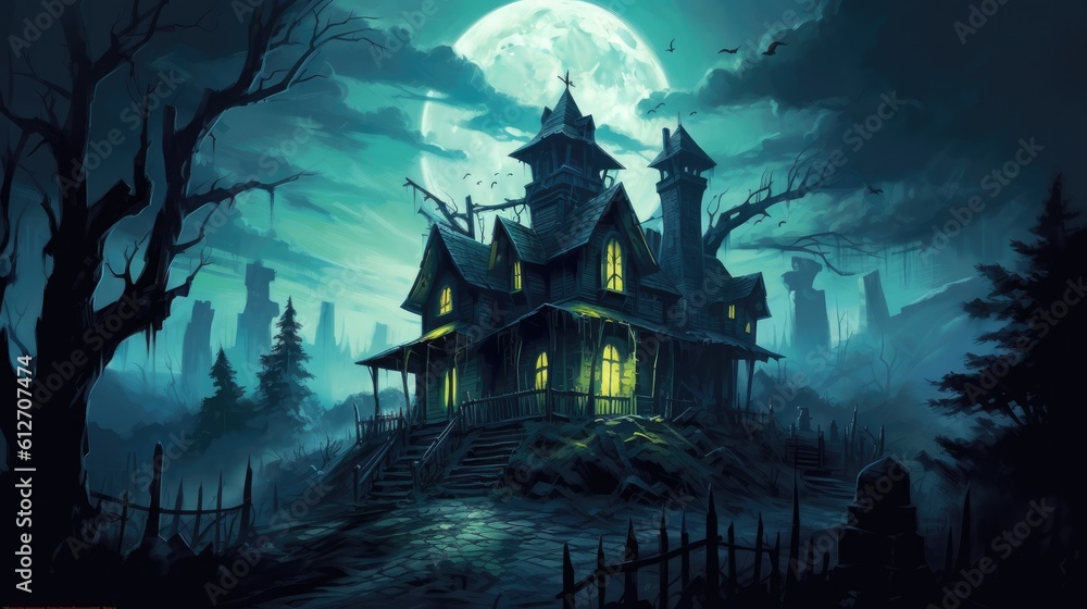 A detailed illustration of a haunted house with glowing windows, as ...