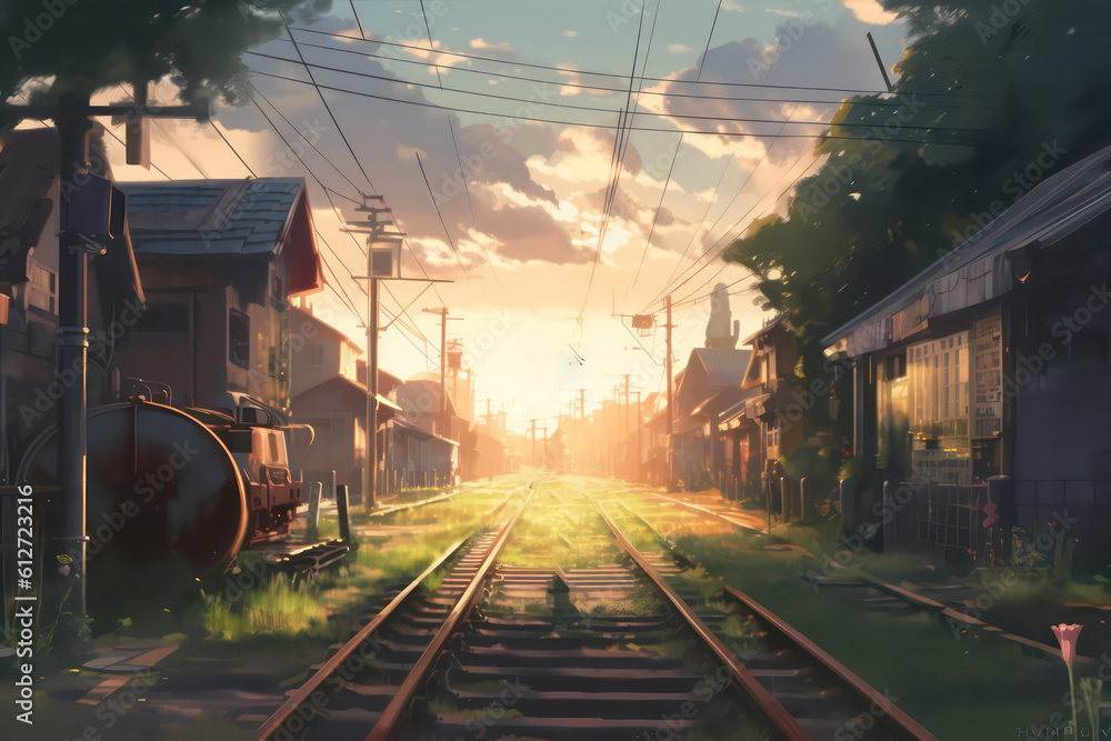 Rail train with sun flare light effect digital art painting. Anime art ...