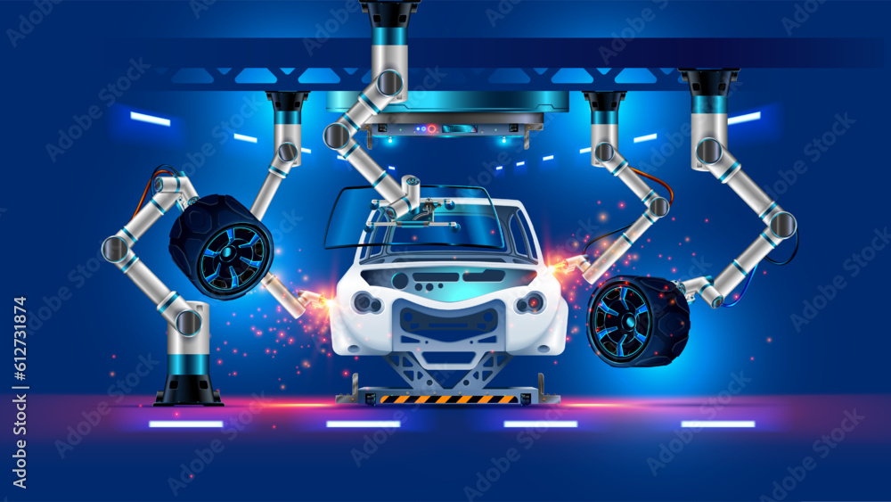 Robot assembles car on automotive industry manufacture. Automated 3d ...