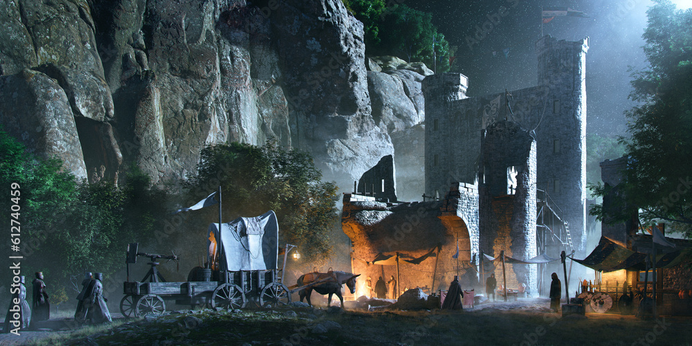 medieval soldiers moving in the night following an armored chariot ...