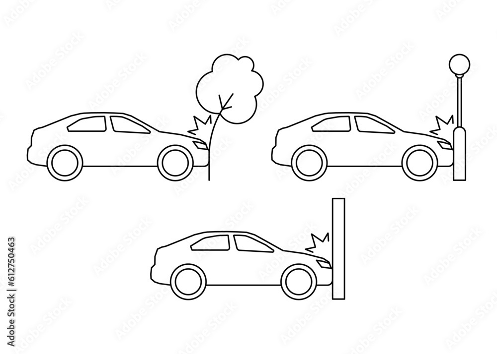 Car crash, accident of transport, line art icon set. Collision with an ...