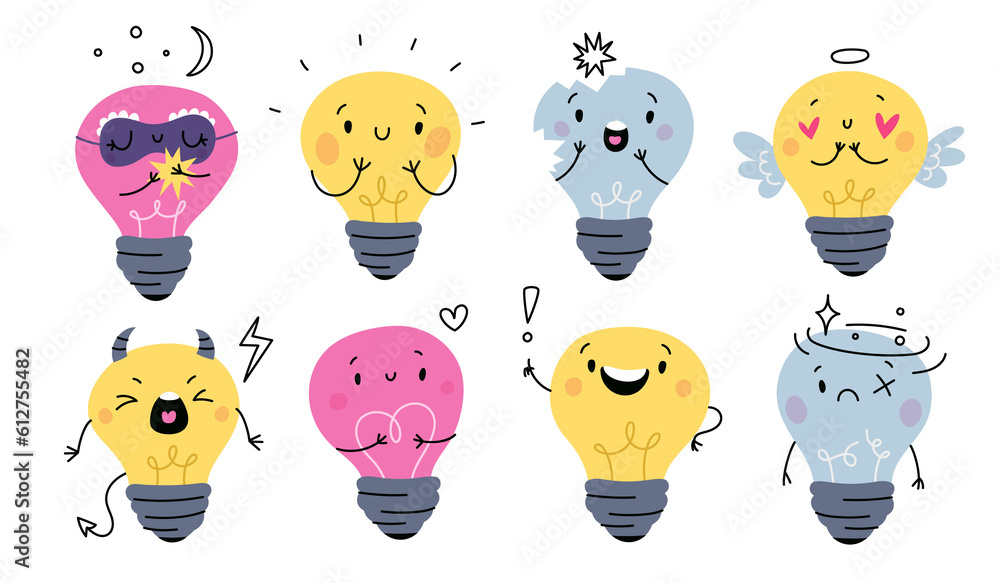 Cartoon light bulbs characters. Glowing and broken lamps with funny ...