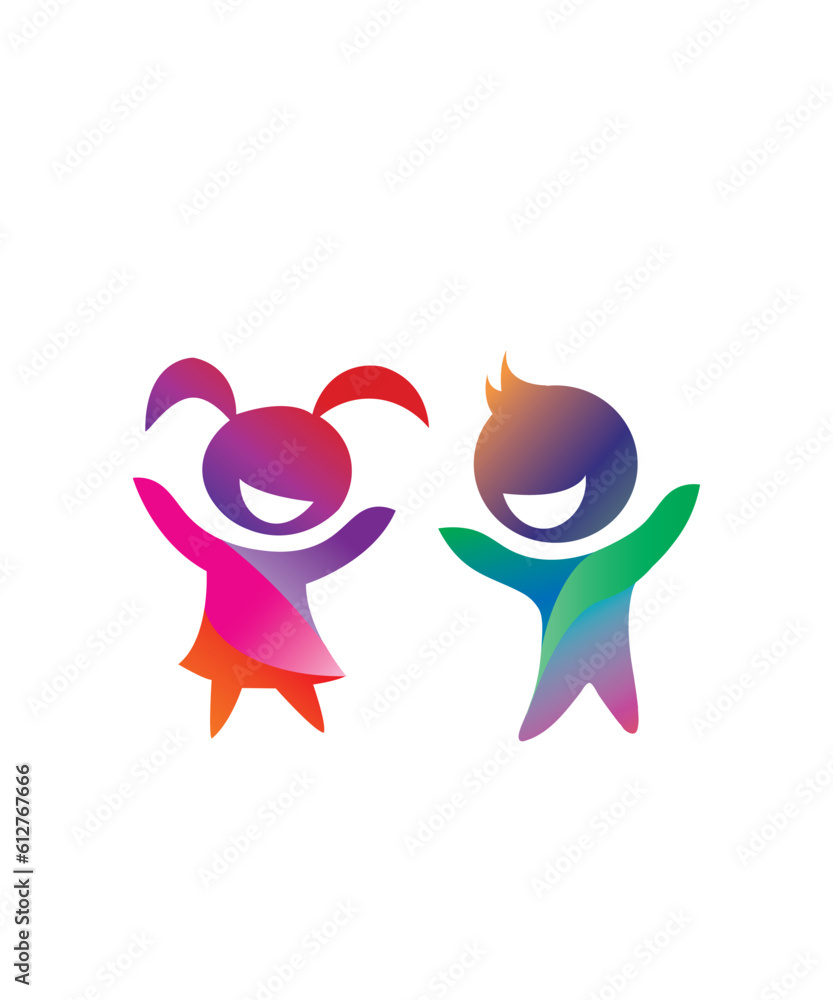 Colorful two kids play logo design, creative child logo template ...