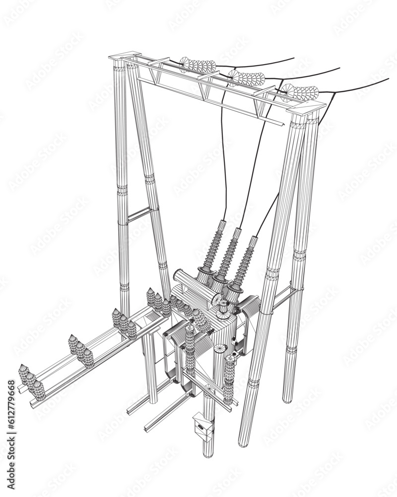 Wireframe Electric transformer substation. Power grid substation ...