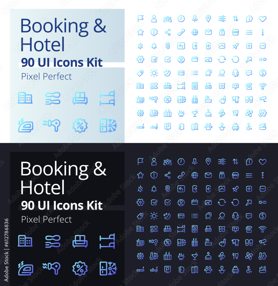 Booking and hotel pixel perfect gradient linear ui icons kit for dark, light mode. Rent room ...