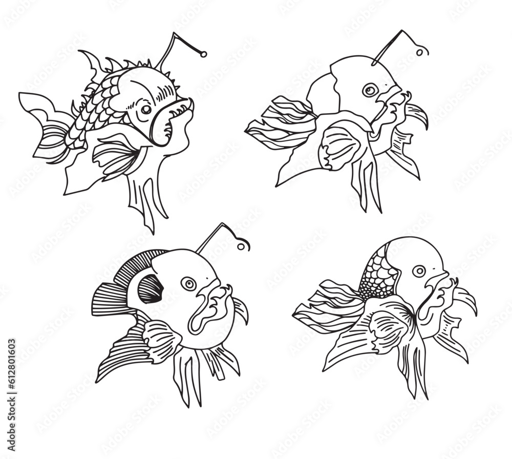 Angler fish hand drawn fantasy creature silhouette illustration cartoon ...
