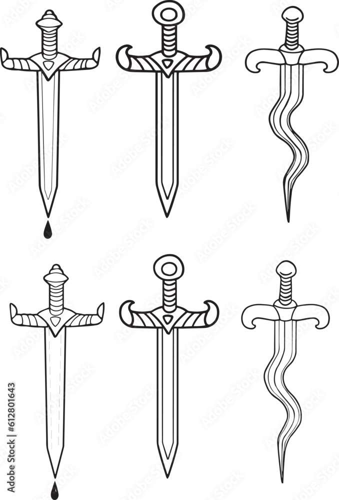 Vector line art dagger design set heroic knife icon symbol contour ...