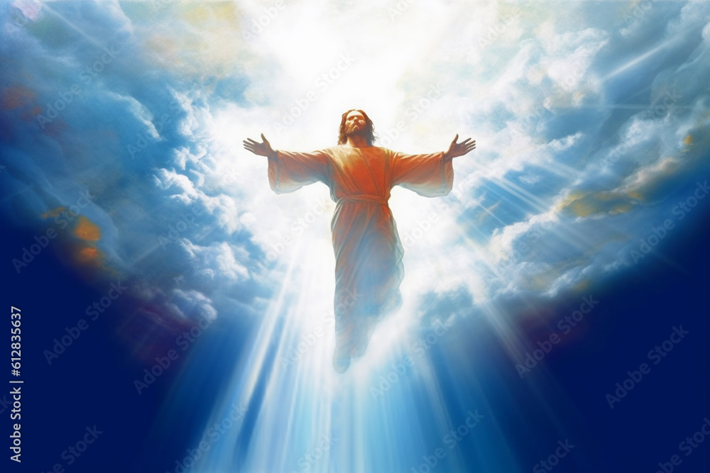 A celestial depiction of Jesus Christ in heaven, surrounded by radiant ...