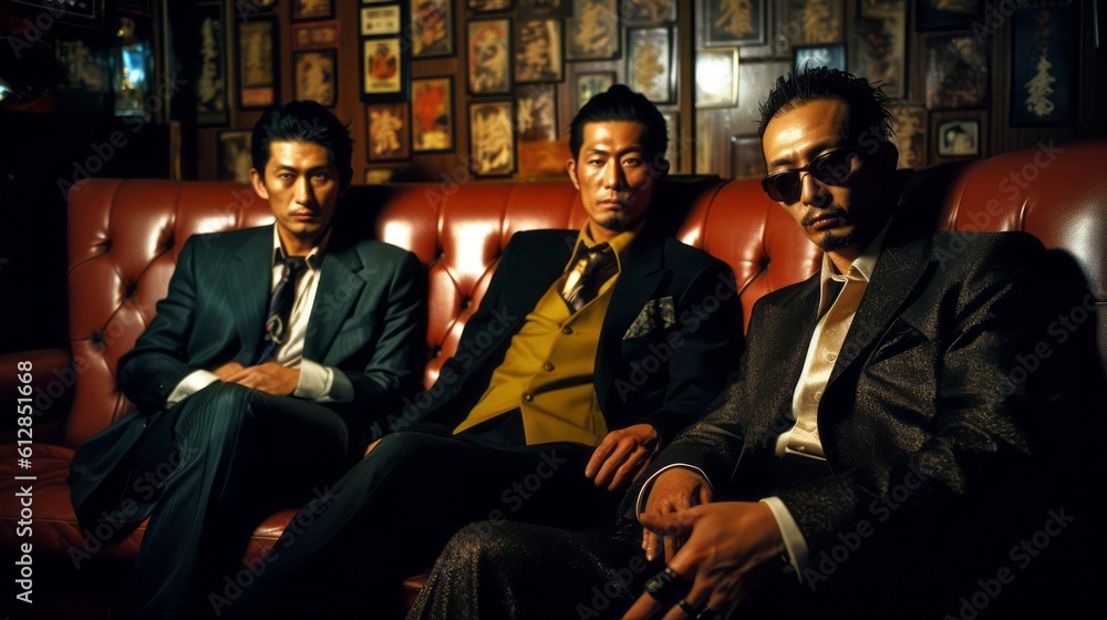 Members of the Japanese yakuza mafia are sitting on a sofa in a ...