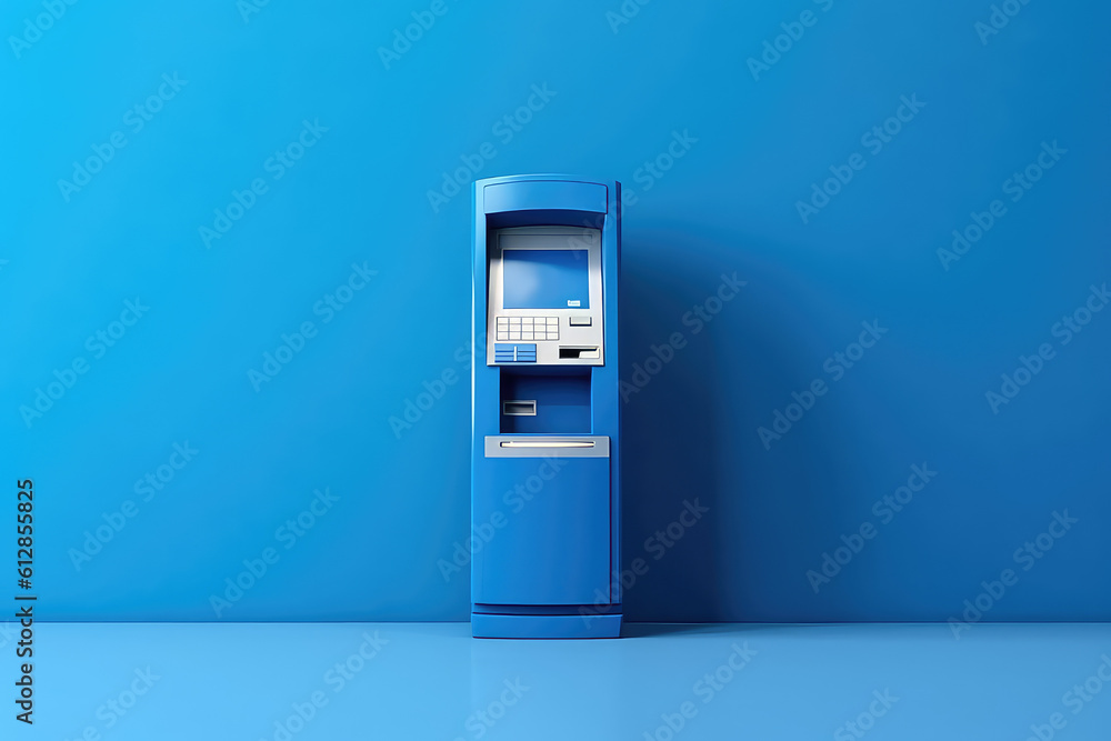 Unbranded ATM on the background of a monochrome blue wall. Front view ...