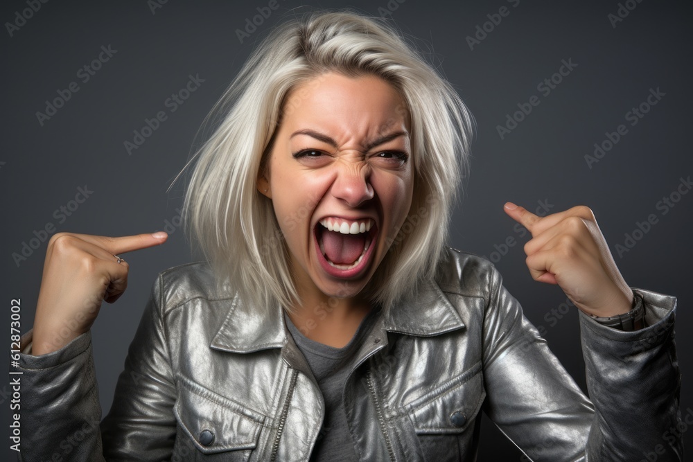 Headshot portrait photography of a glad girl in her 30s doing loser ...