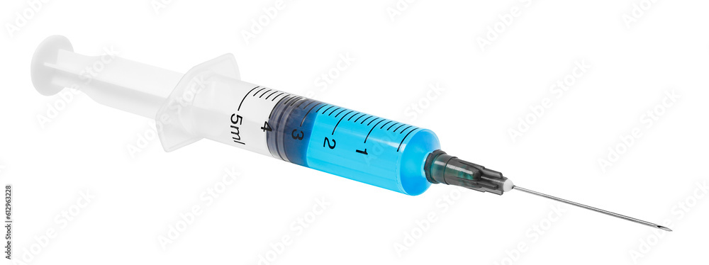 Disposable syringe with an injection needle filled with blue liquid ...