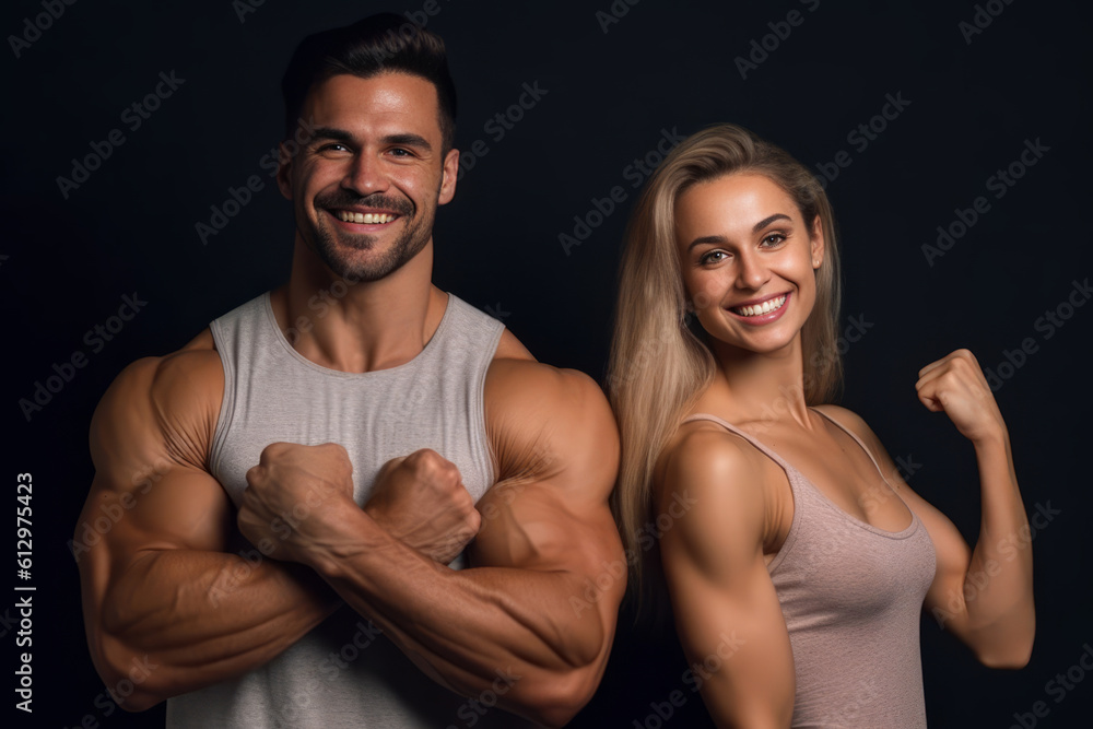 Smiling athletic couple poses and show their perfect body muscles ...